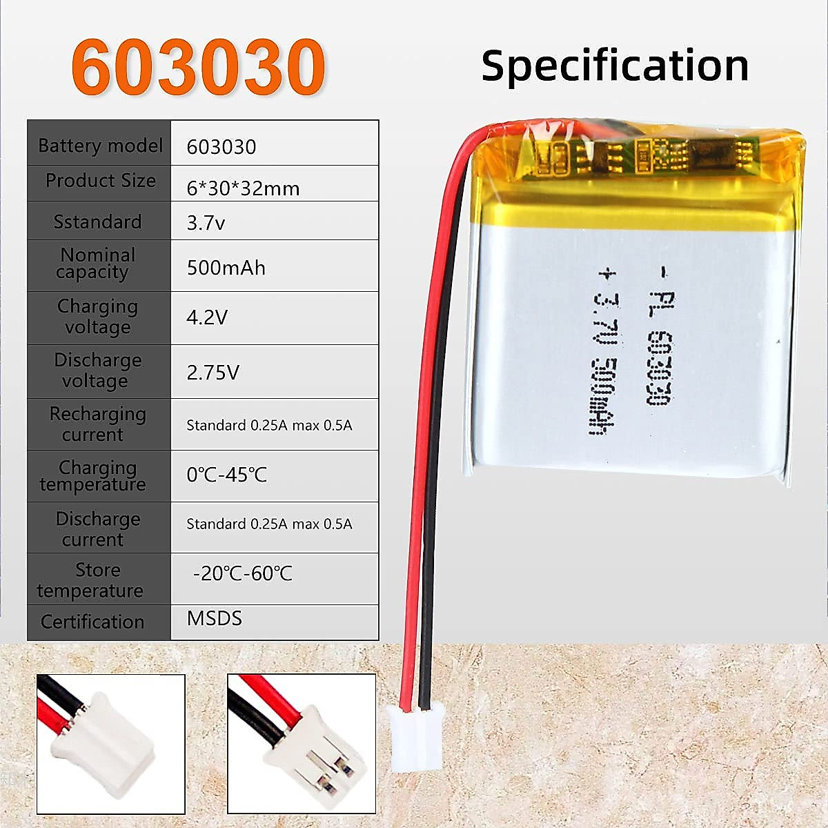 AKZYTUE 3.7V 500mAh 603030 Lipo battery Rechargeable Lithium Polymer ion Battery Pack with PH2.0mm JST Connector