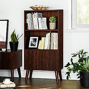 VASAGLE, Walnut Bookcase, 3-Tier Retro Bookshelf with Doors, Storage Cabinet for Books, Photos, Decorations in Living Room, Office, Study, Mid-Century Style, ULBC09BY