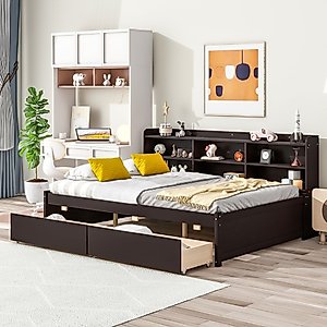 DaiNNCN Full Size Daybed with Storage Bookcases Headboard,Captains Corner L-Shaped Bed with 2 Drawers,No Box Spring Needed for Kids Boys Girls,Espresso