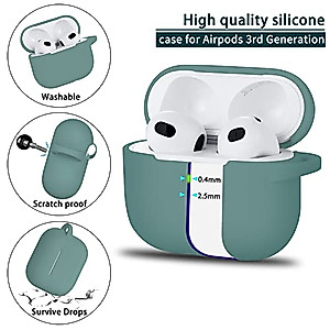 R-fun AirPods 3 Case Cover, Silicone Protective Accessories Skin with Keychain Compatible with Apple AirPod 3rd Generation 2021 for Women Men Girls Boys,Front LED Visible-Pine Green