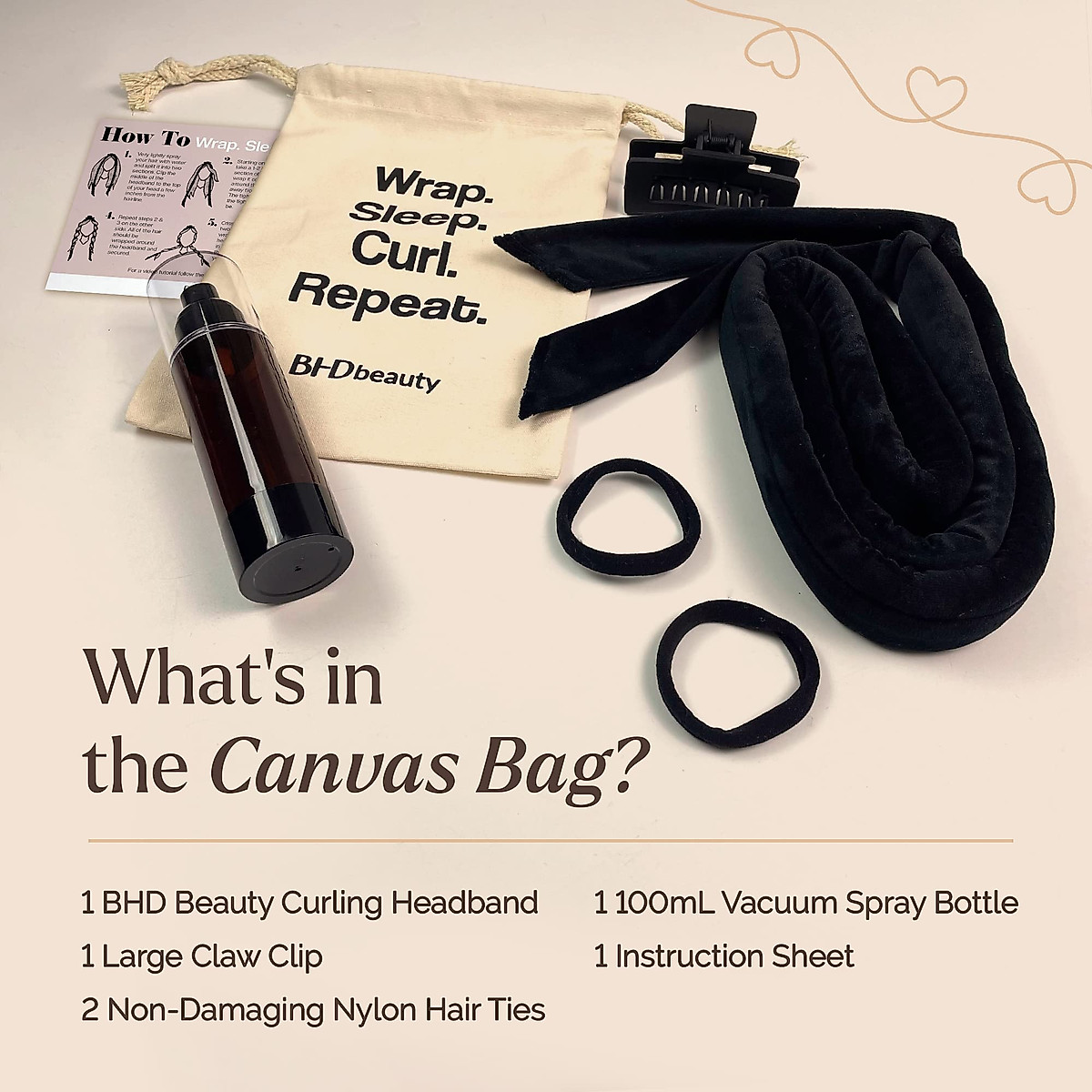 BHDbeauty No Heat Curling Headband You Can Sleep In- Heatless Overnight Natural Curls- Rod Ribbon Lazy Hair Curler Wrap Kit for Long Hair- Includes Bonus Airless Spray Bottle