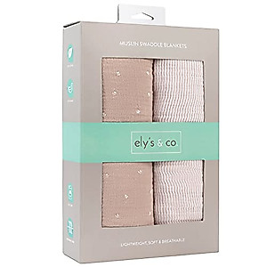 Ely’s &Co. Muslin Swaddle Blanket 2-Pack — 100% Cotton Muslin Extra-Large Swaddle Blankets (47” x 47”) White Tulip on Pink + Stripes
