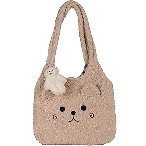 Fluffy Underarm Bag Y2K Fuzzy Plush Tote Bag Cute Cartoon Bear Aesthetic Shoulder Bag Accessories for Autumn Winter (Kakhi)