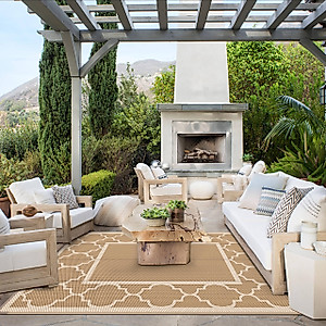 GENIMO 6' x 9' Outdoor Rug Waterproof for Patio Decor, Foldable Reversible Plastic Straw Area Rugs Mat for Camper, Outside Carpet for Rv, Deck, Porch, Picnic, Beach, Balcony, Brown & Beige