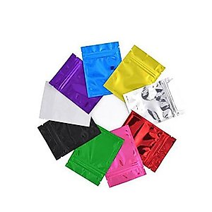 100PCS Reuseable Aluminum Foil Self Sealing Zip Mylar Packing Pouch Package Bags Heat Seal Food Storage Bag with Tear Notches Food Grade Pouches Bag for Candy Tea Sugar (Color Random) (7.5x10cm)