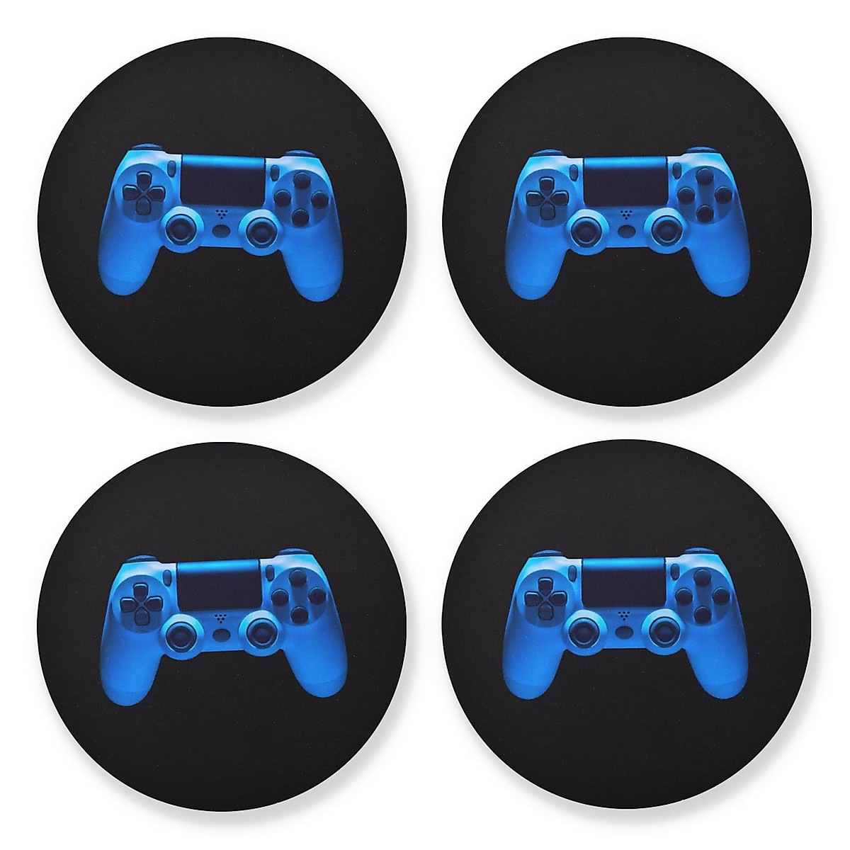Video Game Joystick Gamepad in Blue Neon Lights Isolated on Black 4 Pcs Tea Wooden Round Coaster Set, Non-Slip Lightweight Wooden Coaster for Party Home Office Kitchen Bar Coffee Table