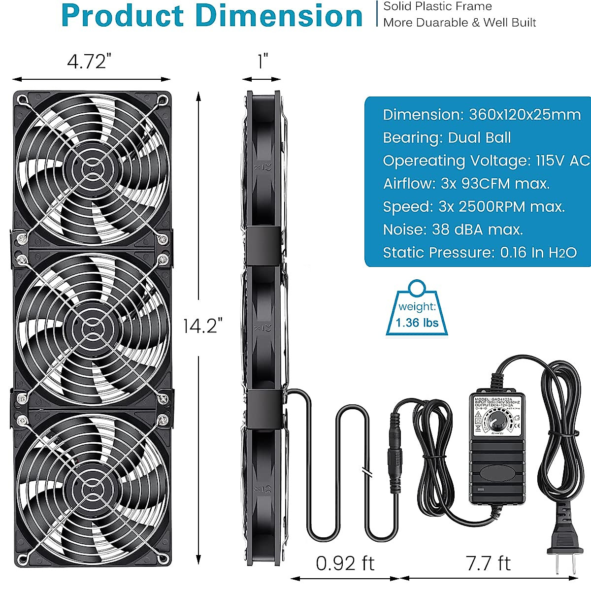 GDSTIME Big Airflow 3 x 120mm Fans DC 12V Powered Fan with AC 110V - 240V Speed Control, Cabinet Chassis Cooling Fan, Server Workstation Cooling Fan