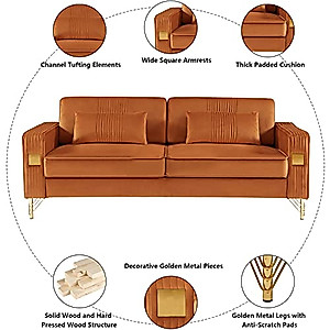 Betoko Velvet Upholstered Sofas Couches for Living Room Modern Contemporary Channel Tufted 3 Seater Sofa Couch with Golden Metal Legs for Bedroom Office and Small Spaces (Camel)