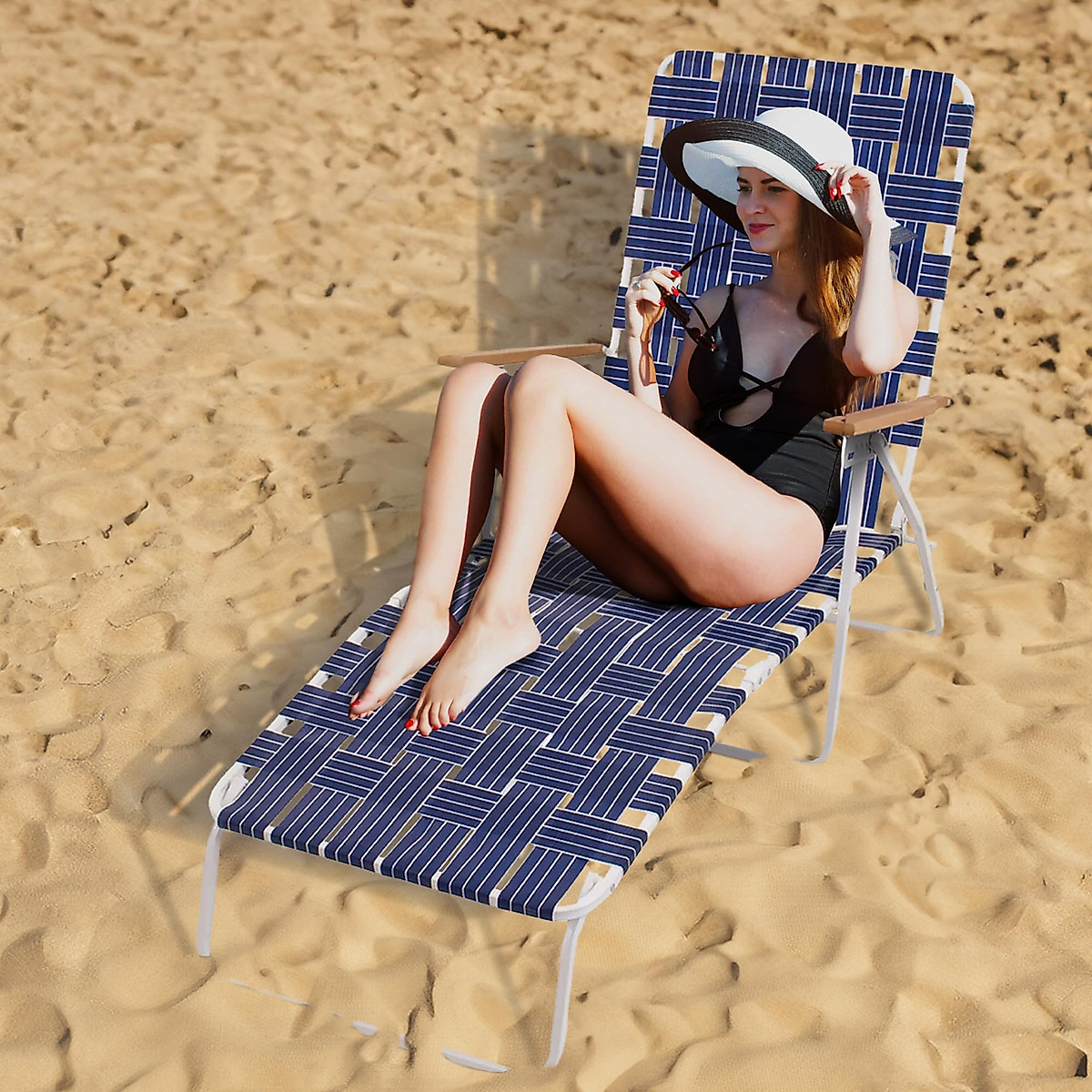 RIO Brands High Back Outdoor Folding Chaise Lounge Chair with Blue Woven Webbing, White Powder Coated Steel Frame and Hardwood Armrests, Blue (2 Pack)