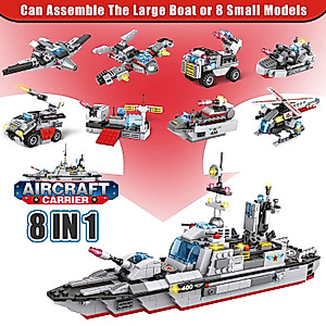 City War Aircraft Carrier Building Blocks Set, 8 in1 Military Battleship Model Brick Toy Kit with Helicopter, Aircraft, Boat, Creative Warship STEM Toys Gift for Kids Boys Girls 6+ (785 Pieces)