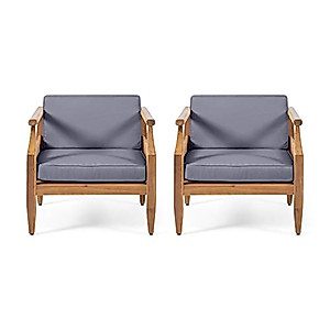Christopher Knight Home Daisy Outdoor Club Chair with Cushion (Set of 2), Teak Finish, Dark Gray