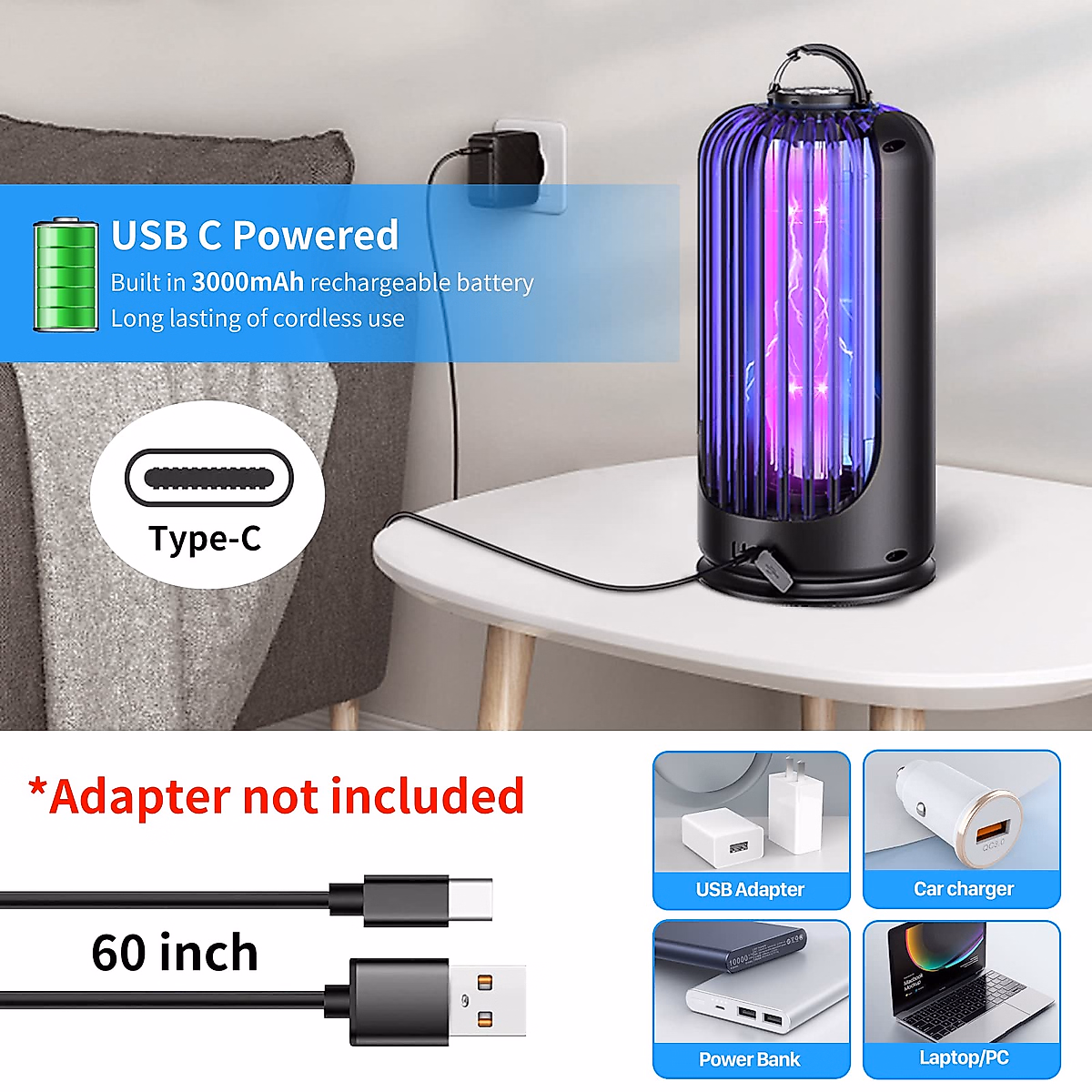 Bug Zapper for Indoor Outdoor, Rechargeable Mosquito Zapper with 3600V High Powered, Electric Pest Control Insect Fly Zapper Can Attract Gnats, Mosquitoes, Flies, Moths for Home, Patio (Purple)