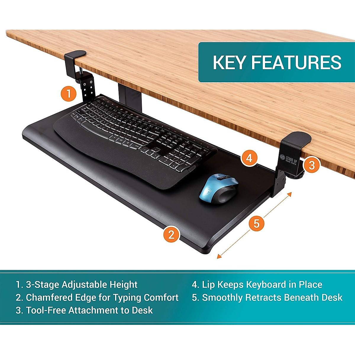 Stand Up Desk Store Large Clamp-On Retractable Adjustable Height Under Desk Keyboard Tray | for Desks Up to 1.5" (Large, 33" Wide)