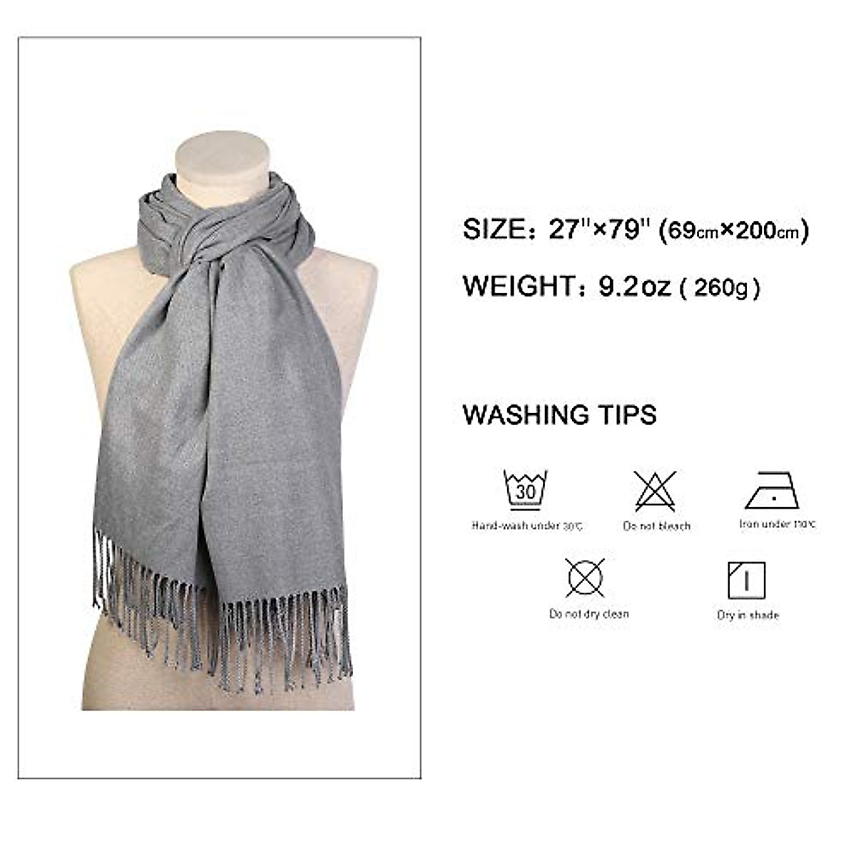 SOJOS Grey Women Scarf Large Soft Cashmere Feel Pashmina Shawls Wraps Winter Scarf SC304 Light Grey