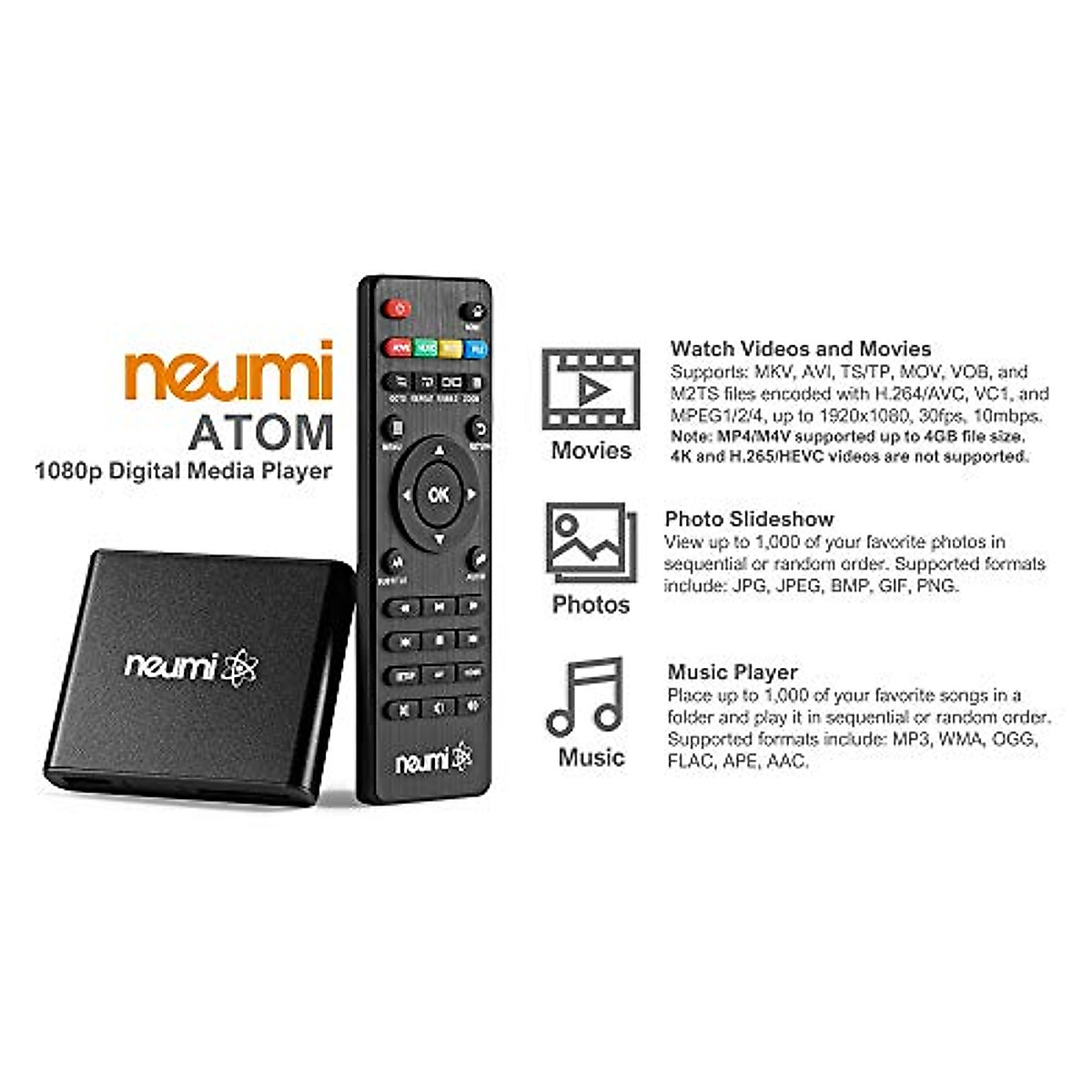 NEUMI Atom 1080P Full-HD Digital Media Player for USB Drives and SD Cards - with HDMI and Analog AV, Automatic Playback and Looping Capability