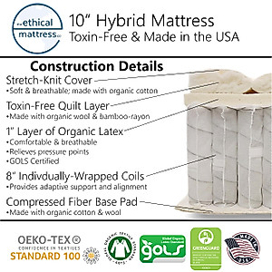 Ethical Mattress CO 10" Toxin-Free Hybrid Mattress, Made in USA with Organic Cotton, Wool, Latex & Pocketed Coils (Mattress-in-a-Box) Comfortable & Supportive for All Ages - Queen Size