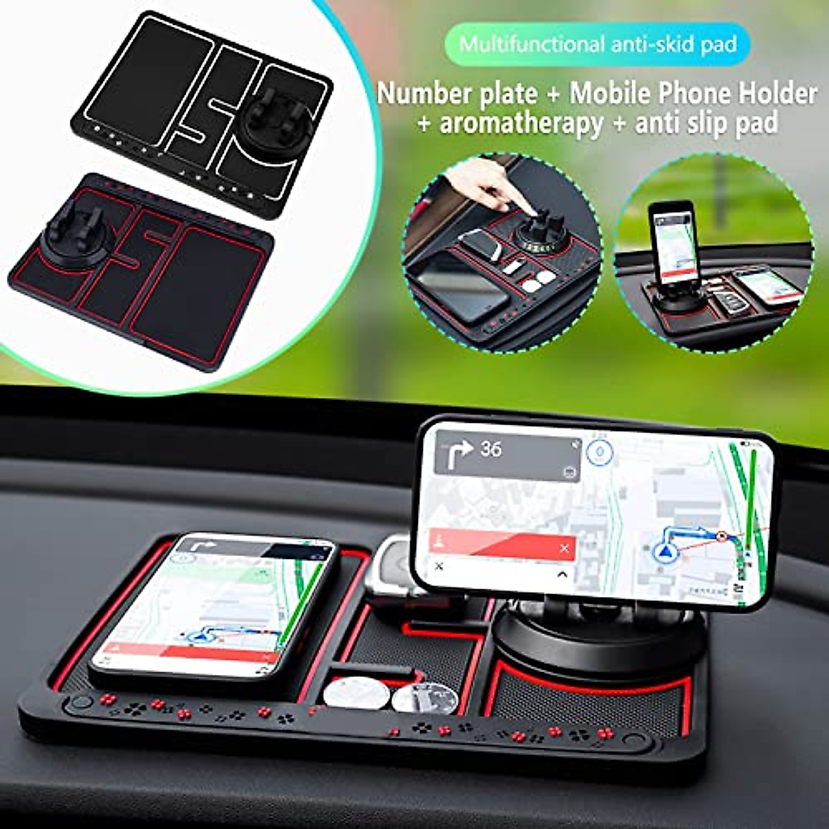 Non-slip Phone Pad for 4-in-1 Car, 2023 New Cool Glow in the Dark Car Dashboard Phone Mat with Temporary Car Parking Card Number Plate and Aromatherapy, Anti-shake Pad Universal Phone Holder (Red)