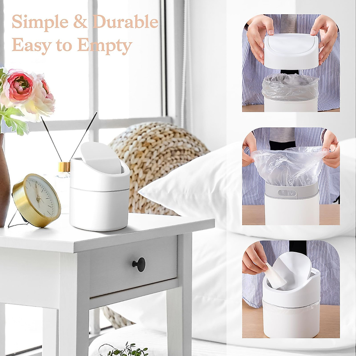 Kittmip 2 Pcs Mini White Desk Trash Garbage Can with Lid and 360 Pcs Trash Bags White 0.5 Gallon Tiny Countertop Waste Basket Desktop Trash Bin for Bathroom Kitchen Table Office