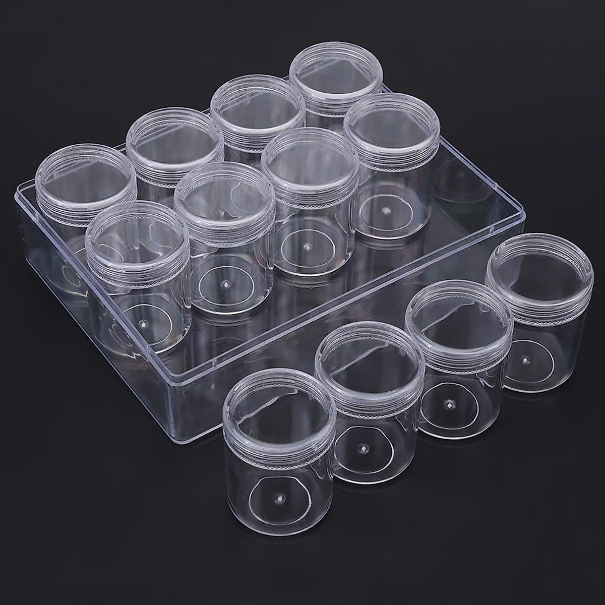 Plastic Container,Rectangle Clear Plastic Jewelry Beads Storage Box W/12 Round Bottle Container Tiny Jars 20g/15g(12 grid 15g)
