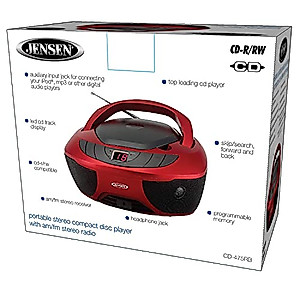 Jensen CD-475R Portable Sport Stereo Boombox CD Player with AM/FM Radio and Aux Line-in & Headphone Jack (Red)