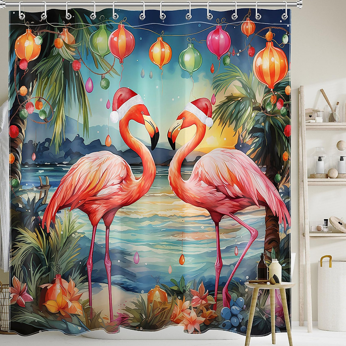 LB Tropical Christmas Shower Curtain Pink Flamingo with Xmas Hat on Beach Shower Curtain Palm Tree by Coastal Bathroom Shower Curtain Sets with Hooks Waterproof Washable Fabric,72x72 inch