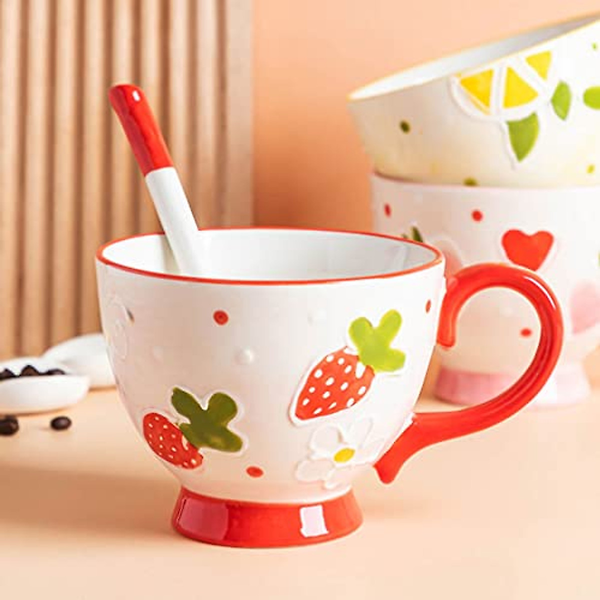 Luxshiny Soup Bowl Soup Bowl Soup Bowl 2pcs Ceramic Milk Mugs with Spoon Strawberry Breakfast Cup Mugs Coffee Cup Oatmeal Mugs For Latte Cappuccino Tea Cocoa Birthday Gifts Soup Mug Soup Mug Soup Mug