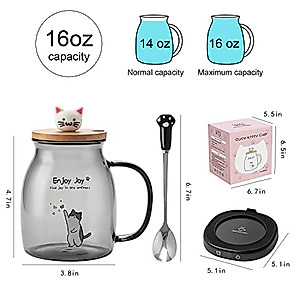 Bsigo Smart Coffee Mug Warmer & Cute Cat Glass Mug Set, Beverage Warmer for Desk Office, Cup Warmer Plate for Milk Tea Water with Time & Temperature Setting(Up to 140℉/ 60℃), 8H Auto Shut Off, Grey