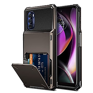 Vofolen Wallet Cover 4-Card Credit Card Holder ID Slot Scratch Resistant Dual Layer Hybrid Protective Hard Shell Rugged TPU Bumper Armor Case for Motorola Moto G 5G 2022 Gun