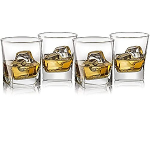 Double Old Fashioned Whiskey Glass (Set of 4) with Granite Chilling Stones - 10 oz Heavy Base Rocks Barware Glasses for Scotch, Bourbon and Cocktail Drinks