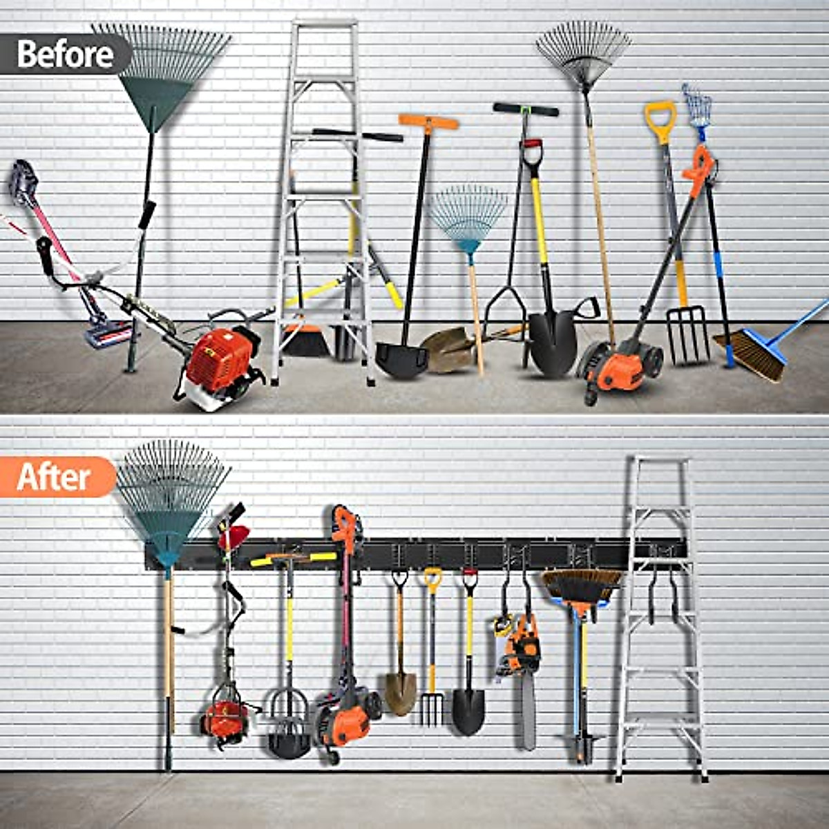 14 PCS Tool Storage Rack, 64 Inches Adjustable Garage Tool Organizer Wall Mounted Storage System with 10 Hooks, Super Heavy Duty Steel Garden Tool Organizer Wall Holders