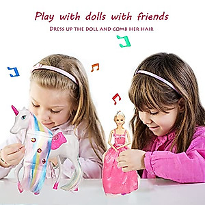 White Unicorn with Magic Light Horn and Fairy Tale Princess Doll 11.5“, W/Comb and Crystal Crown, Girls' Unicorn Doll Toys Gifts, Presents for Girl Kids Aged 3+