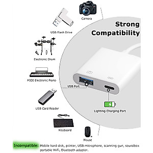 USB Camera Adapter for iPhone, USB A Female OTG Cable Adapter with Charging Port, Portable USB Converter for iPad Support USB Flash Drive, USB Card Reader, Keyboard...(Plug and Play)