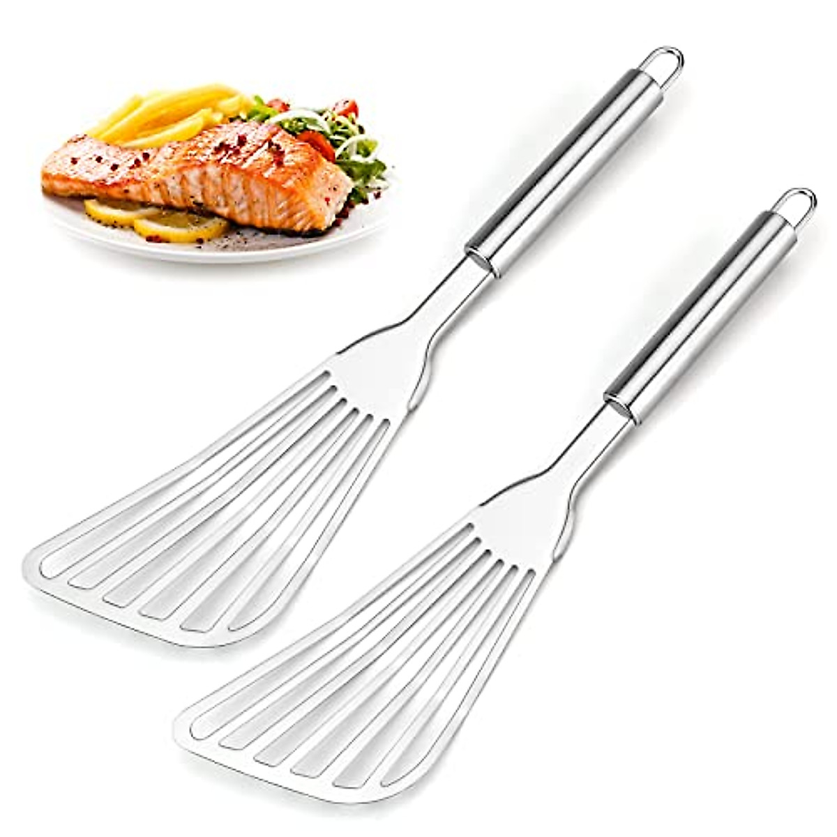 2-Piece Cualork Fish Spatula, Upgrade Metal Spatula, Big Size Spatula Stainless Steel, Premium Kitchen Spatula Set, Thickness Blade Spatulas Turner for Cooking, Flipping, Turning, Frying and Grilling