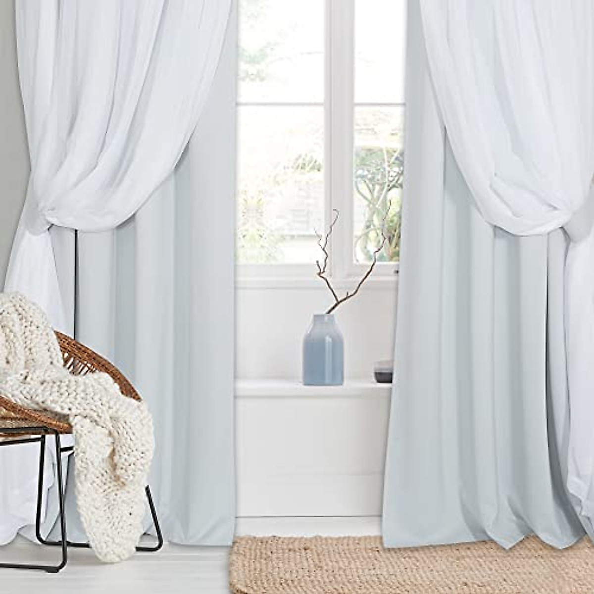 PONY DANCE Double Layer Curtains - White Curtains 84 inches Long with Sheer Overlay Nursery Panels for Bedroom/Living/Dining Room, 52 W by 84 L, Greyish White, 2 Pieces