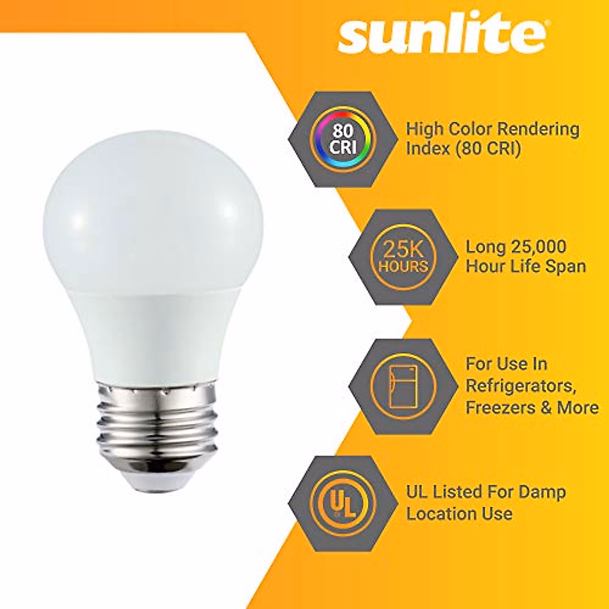 Sunlite 88378-SU LED A15 Refrigerator Light Bulb, 5.5 Watts (40W Equivalent), 450 Lumens, Medium Base (E26), Dimmable, Frosted Finish, UL Listed, Energy Star, 27K - Warm White, 1 Pack