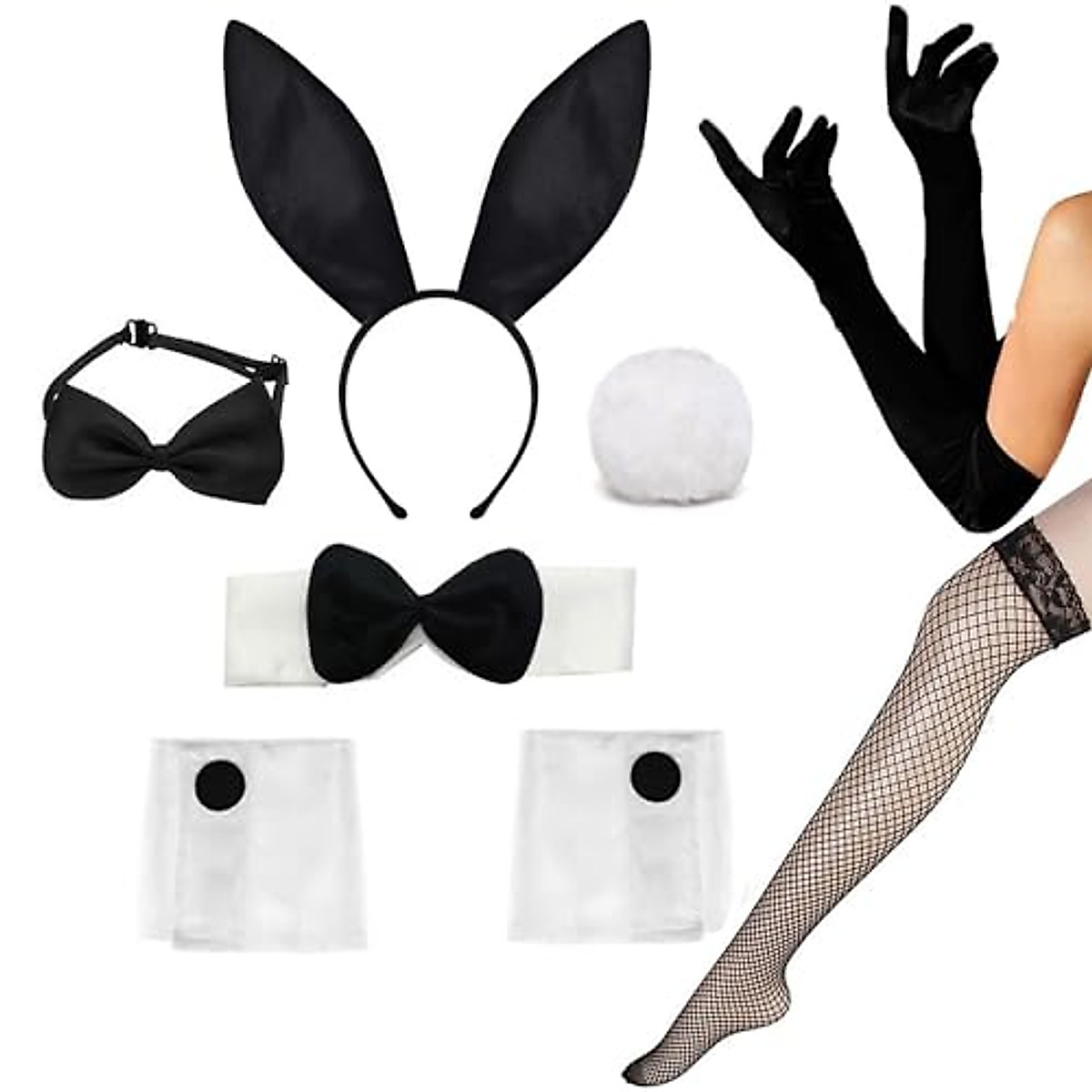 8 Pcs Bunny Costume Set Bunny Ear Headband Bow Tie Collar Cuffs Gloves Stockings Rabbit Tail Bunny Accessories Set for Easter Christmas Halloween Party Cosplay