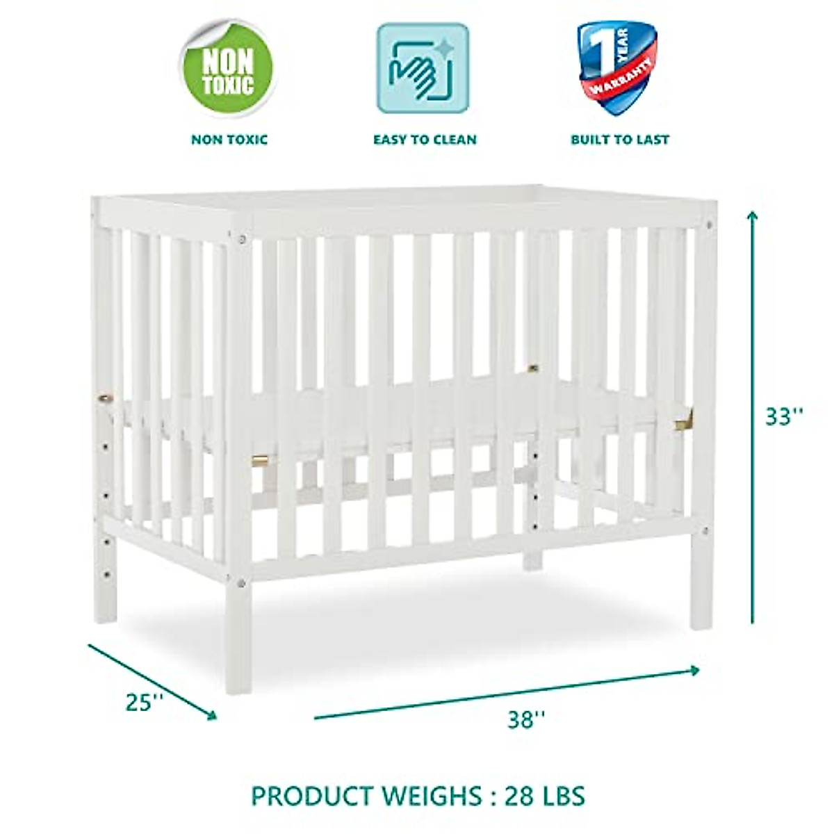 Dream On Me Edgewood 4-In-1 Convertible Mini Crib In White, JPMA Certified, Non-Toxic Finish, New Zealand Pinewood, With 3 Mattress Height Settings, Included 1" Mattress Pad