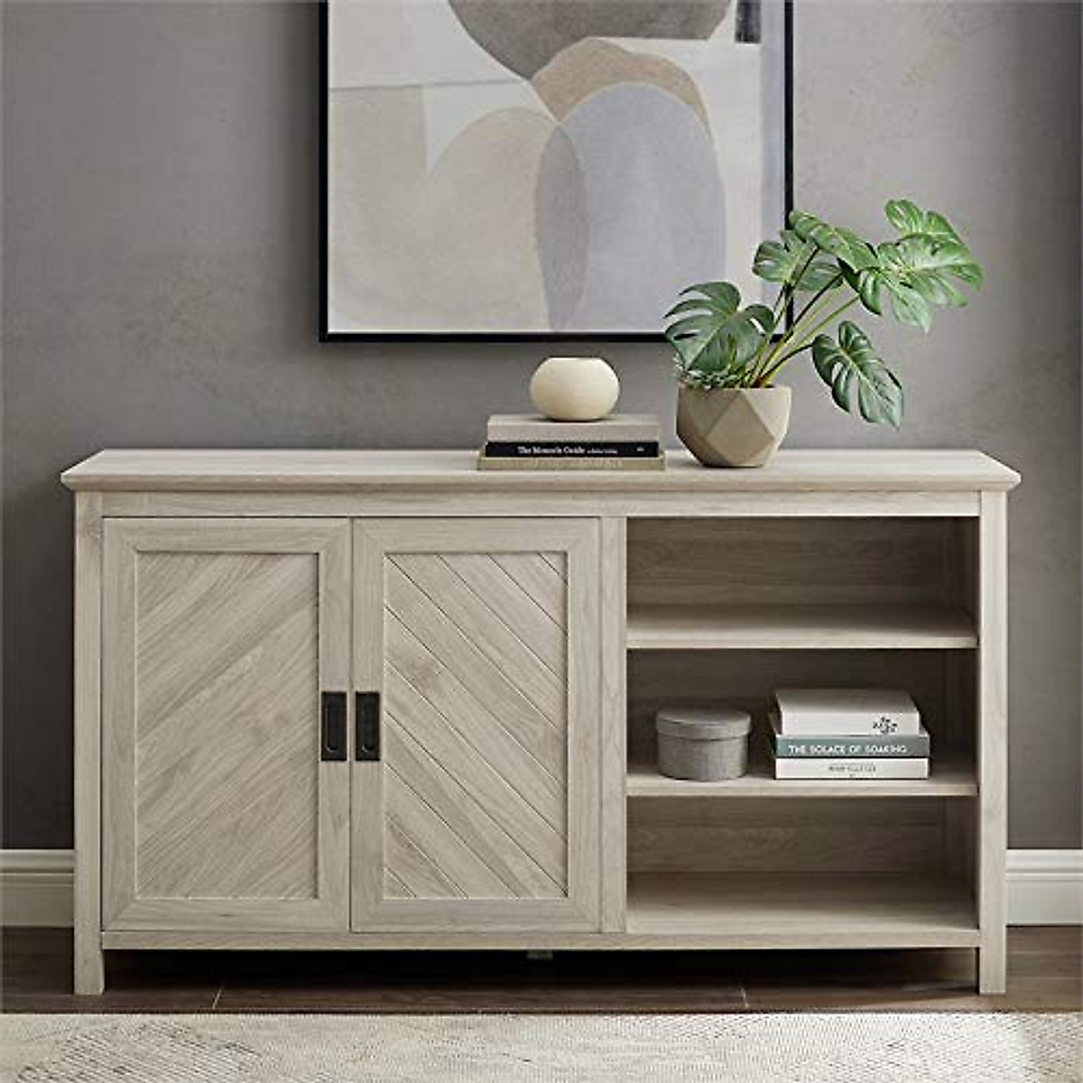 Walker Edison Modern Wood Grooved Buffet Sideboard with Open Storage-Entryway Serving Storage Cabinet Doors-Dining Room Console, 58 Inch, Birch