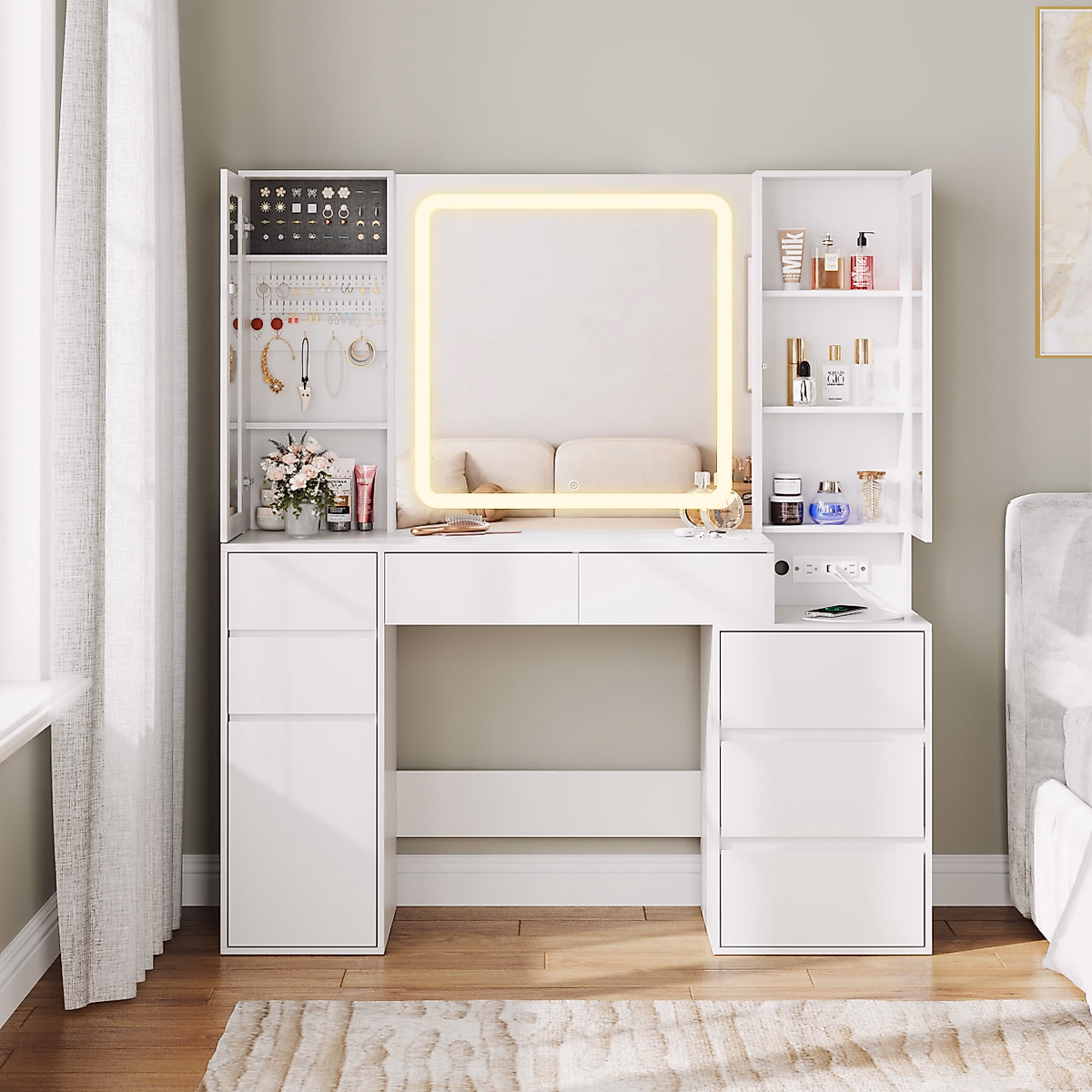 Makeup Vanity Desk with Mirror and Lights, White Makeup Vanity Table with 7 Drawers and 3 Cabinets, Makeup Desk with Charging Station, Dressing Table for Bedroom