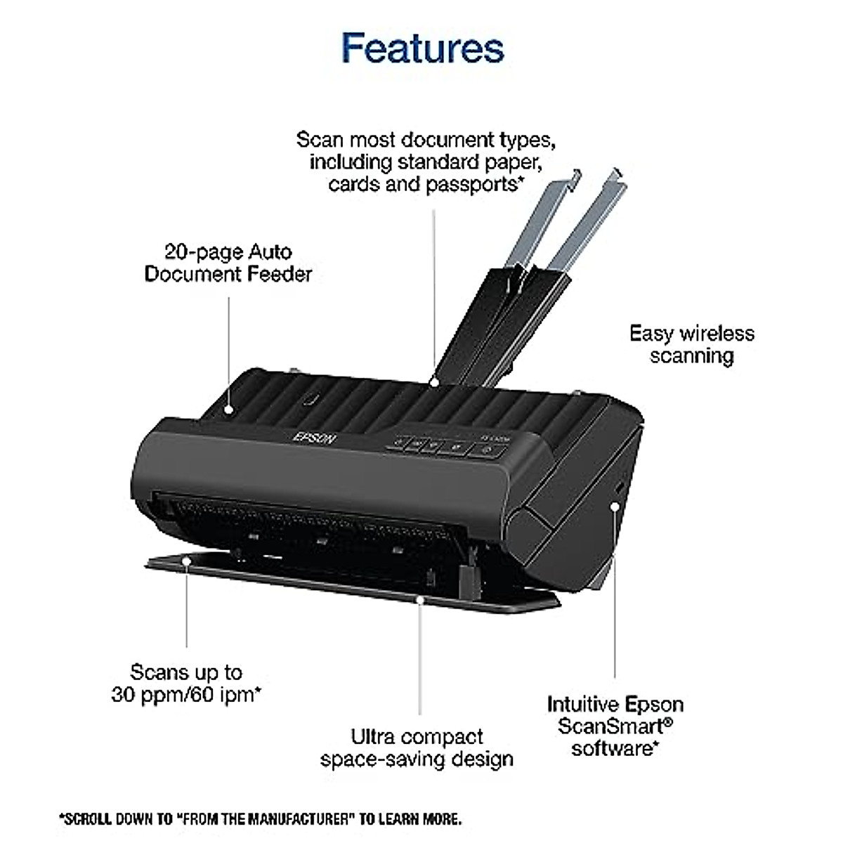 Epson - Workforce ES-C320W - Wireless Compact Desktop Document Scanner - 2-Sided Scanning and Auto Document Feeder - Paper and Card Scanner - Black