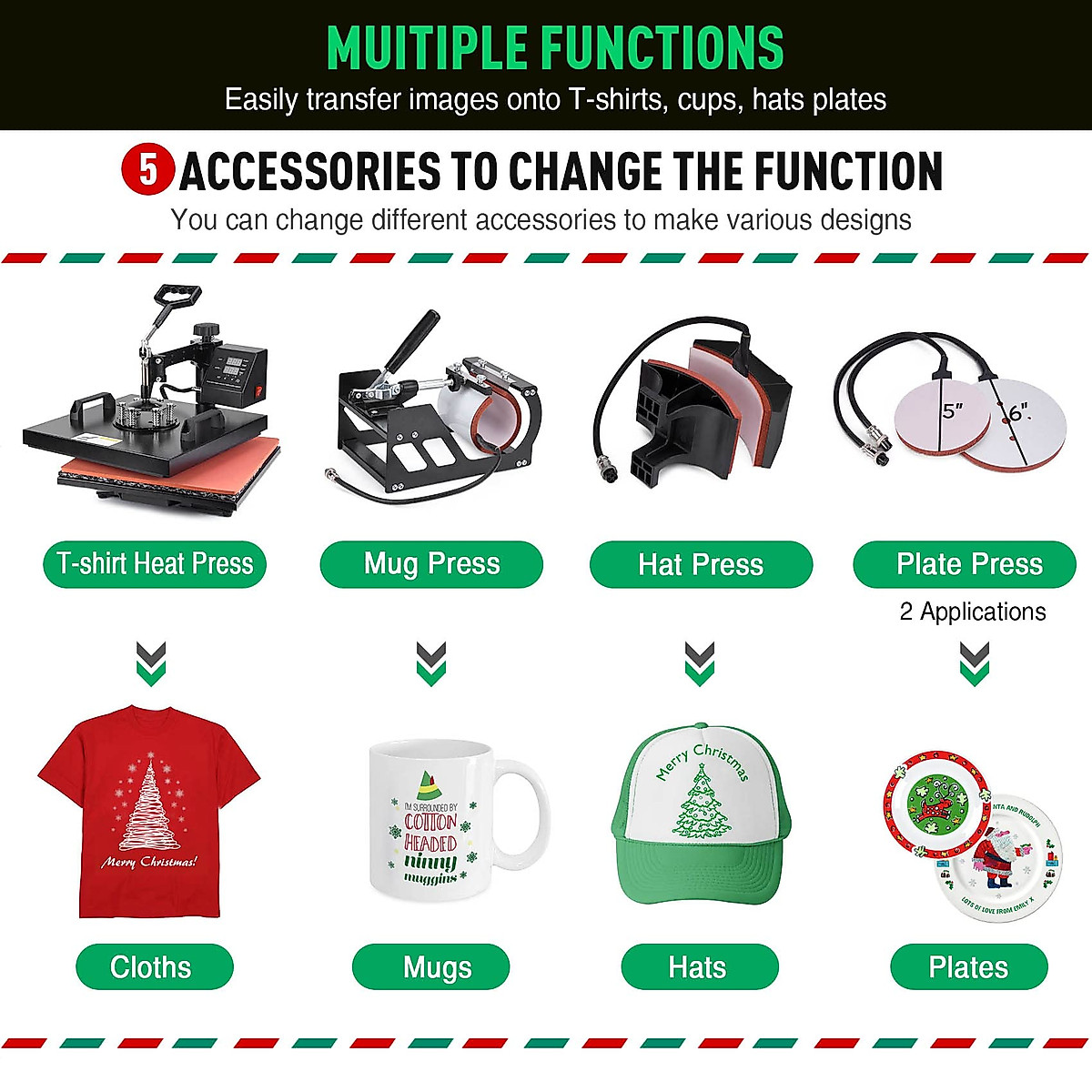 Slendor Heat Press 15x15 inch 5 in 1 Heat Press Machine 360 Degree Swing Away Digital Tshirt Press Machine Multifunction Sublimation Combo for T Shirts Mugs Hat Plate Cap Bottle