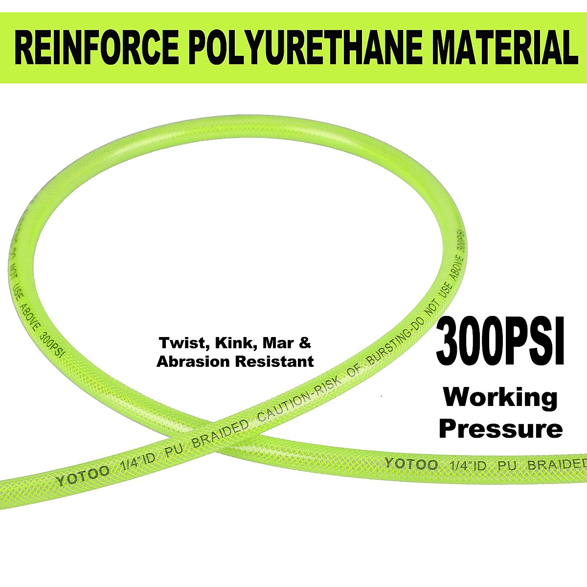 YOTOO Reinforced Polyurethane Air Hose 1/4" Inner Diameter by 100' Long, Flexible, Heavy Duty Air Compressor Hose with Bend Restrictor, 1/4" Swivel Industrial Quick Coupler and Plug, Green