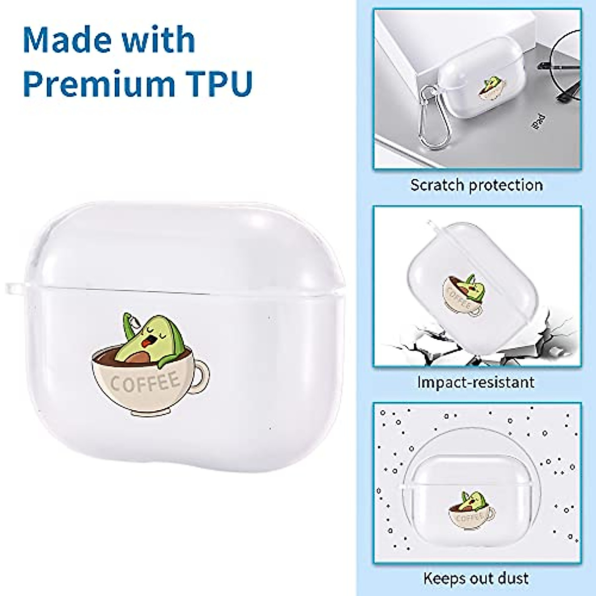 Idocolors Cartoon AirPods Case Compatible with AirPods Pro/3 for Girls Boys,Cute Creative Cases,Clear Smooth TPU Silicone Shockproof Dustproof Cover, Avocado Pattern Case with Keychain