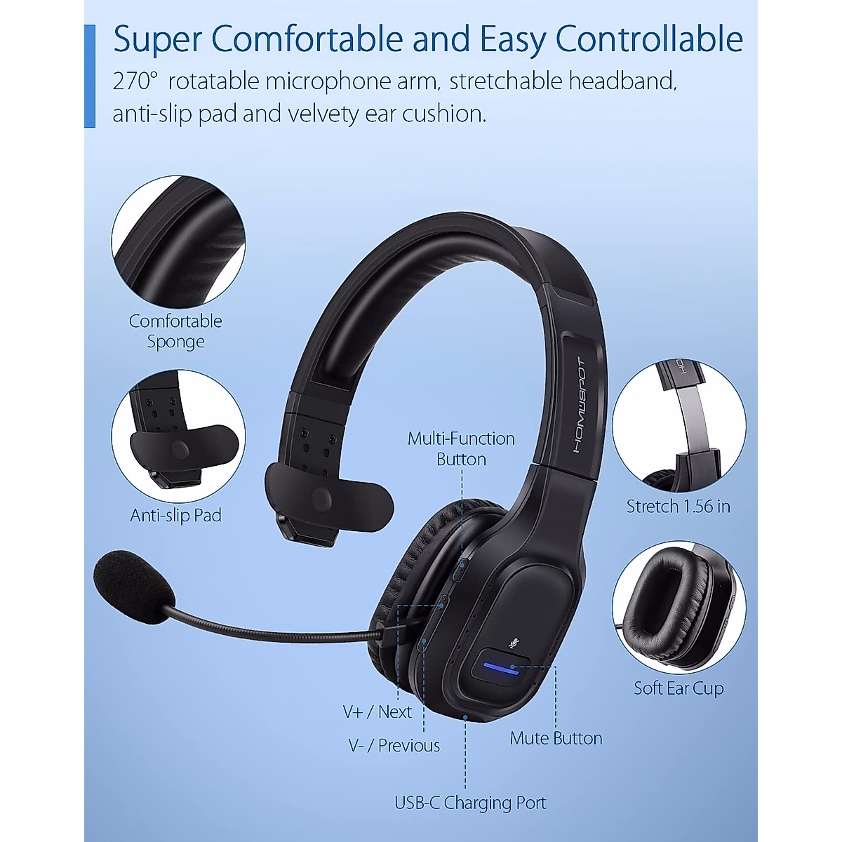 HomeSpot JM100 Trucker Bluetooth Headset with AI Noise Canceling, Wireless Headset with Rotatable Microphone and Big Mute Button, 34 Hrs Talk Time for Trucking, Home Office, Call Center