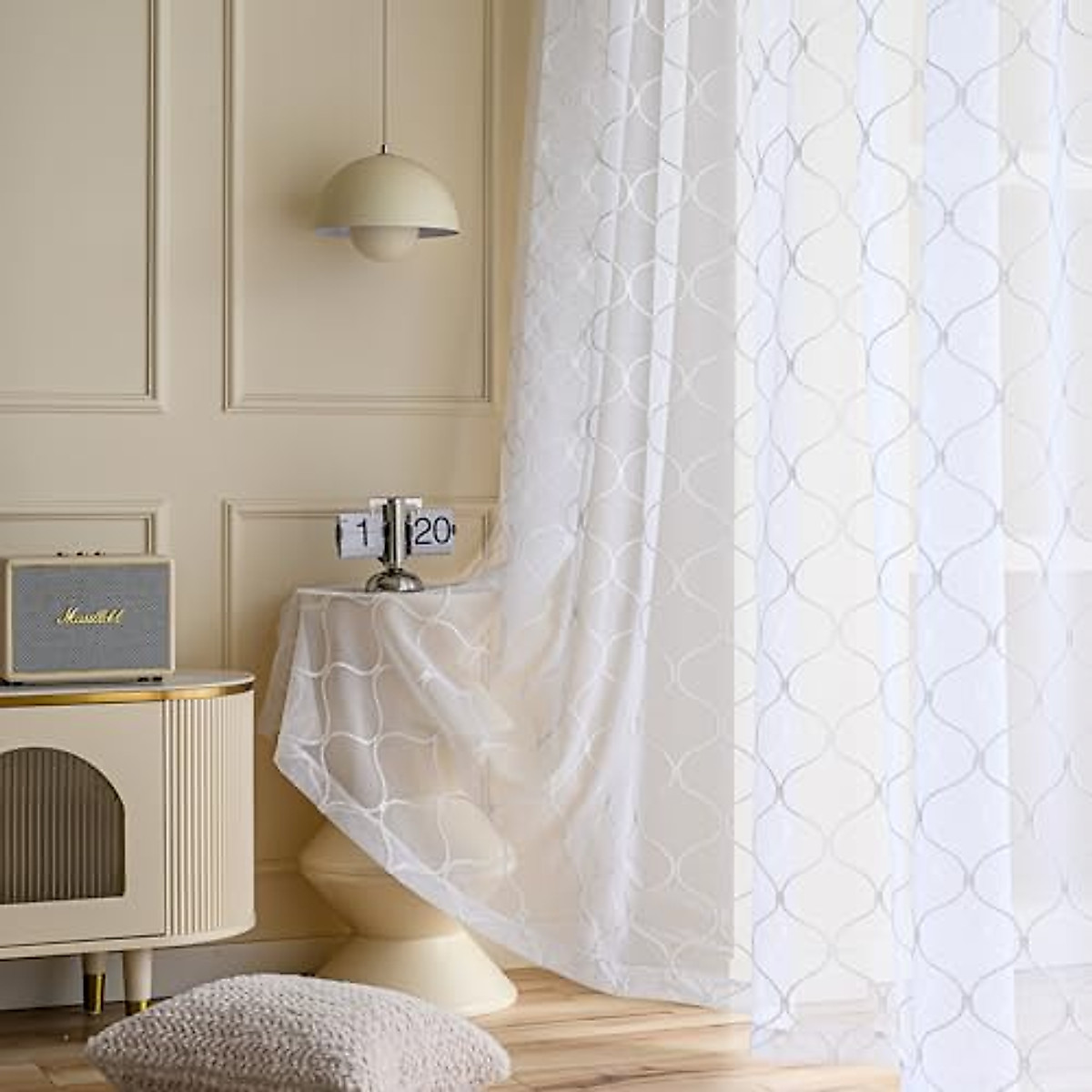 Embroidered Wave Diamond Sheer Curtains White 95 Inches, Window Treatments Rod Pocket Drapes for Living room, Bedroom, Semi Voile Curtain Panels for Yard, Patio, Villa, Parlor, Set of 2, 52"x95".