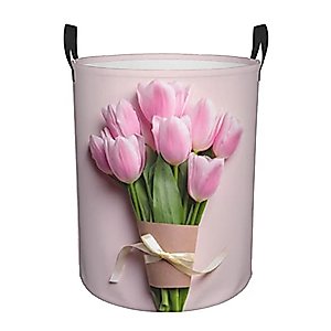 Pretty Pink Tulip Flower Laundry Basket for Women Teens Girls Room, Large Collapsible Floral Print Laundry Hamper Dirty Clothes Bag with Handles Washing Storage Bin for Clothes Toys Bedroom Bathroom