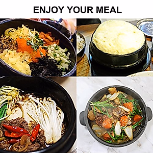 Korean Stone Pot(Dolsot,Ttukbaegi) with Lid, 32oz Premium Ceramic Hot Pot for Bibimbap and Soup, Sizzling for Authentic Korean Cooking, Includes Wooden Tray Set