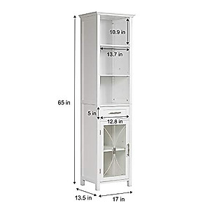 Teamson Home Delaney Wooden Freestanding Floor Linen Cabinet with 1 Drawer 3 Adjustable Shelves 6 Storage Spaces and 1 Tempered Glass-Paneled Door, White