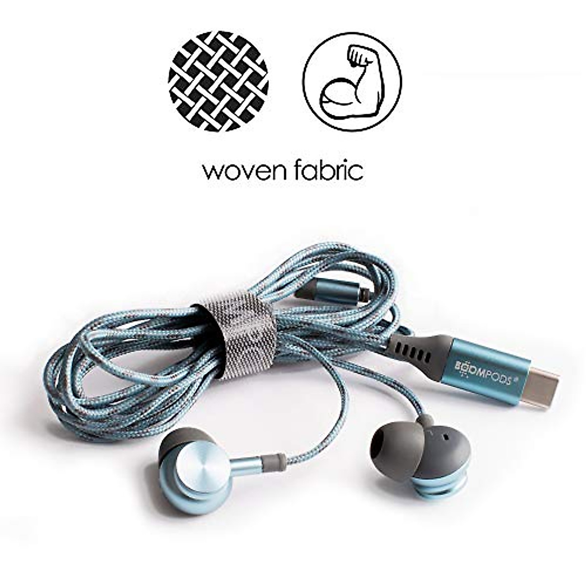 BoomPods Digibuds USB-C Headphones - Best in-Ear Digital Earbuds with USBC Type Connector, Fabric Braided Cable, Sweatproof, Wired Inline Controls for Seamless Entertainment (Ice Blue)