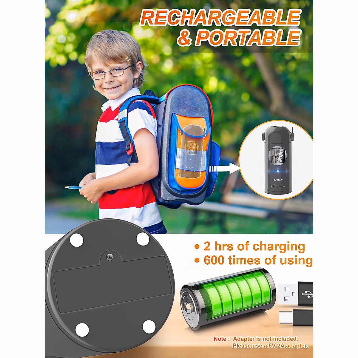 AFMAT Electric Pencil Sharpener for Colored Pencils 7-11.5mm, Fully Automatic Robot Pencil Sharpener, Auto in & Out, Rechargeable Hands-Free Pencil Sharpeners for Large Pencils, Home, Classroom, Gray